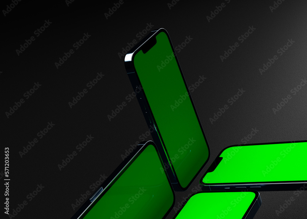 iPhone mockups in 3D on studio background. Positioned in various angles ...