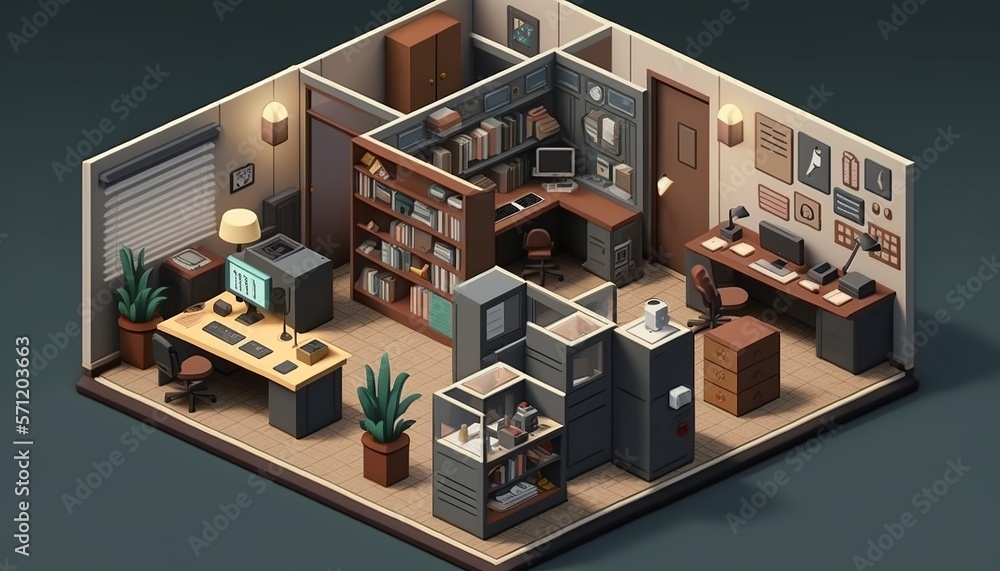Isometric office interior with shelves, computer on a desk and potted ...