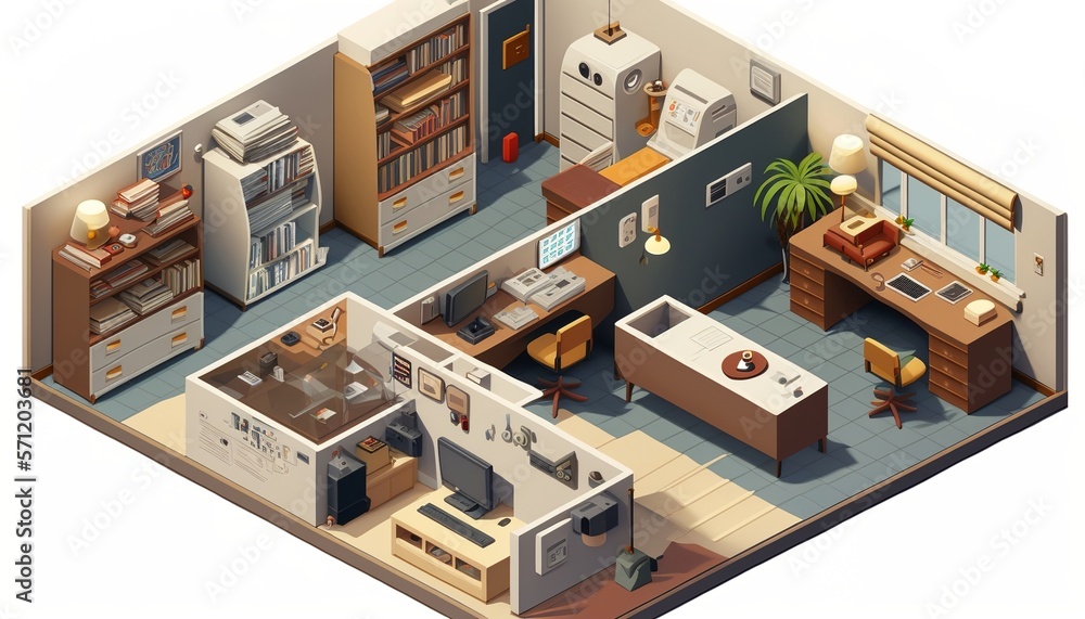 Isometric office interior with shelves, computer on a desk and potted ...