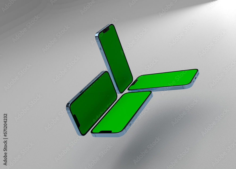 iPhone mockups in 3D on studio background. Positioned in various angles ...