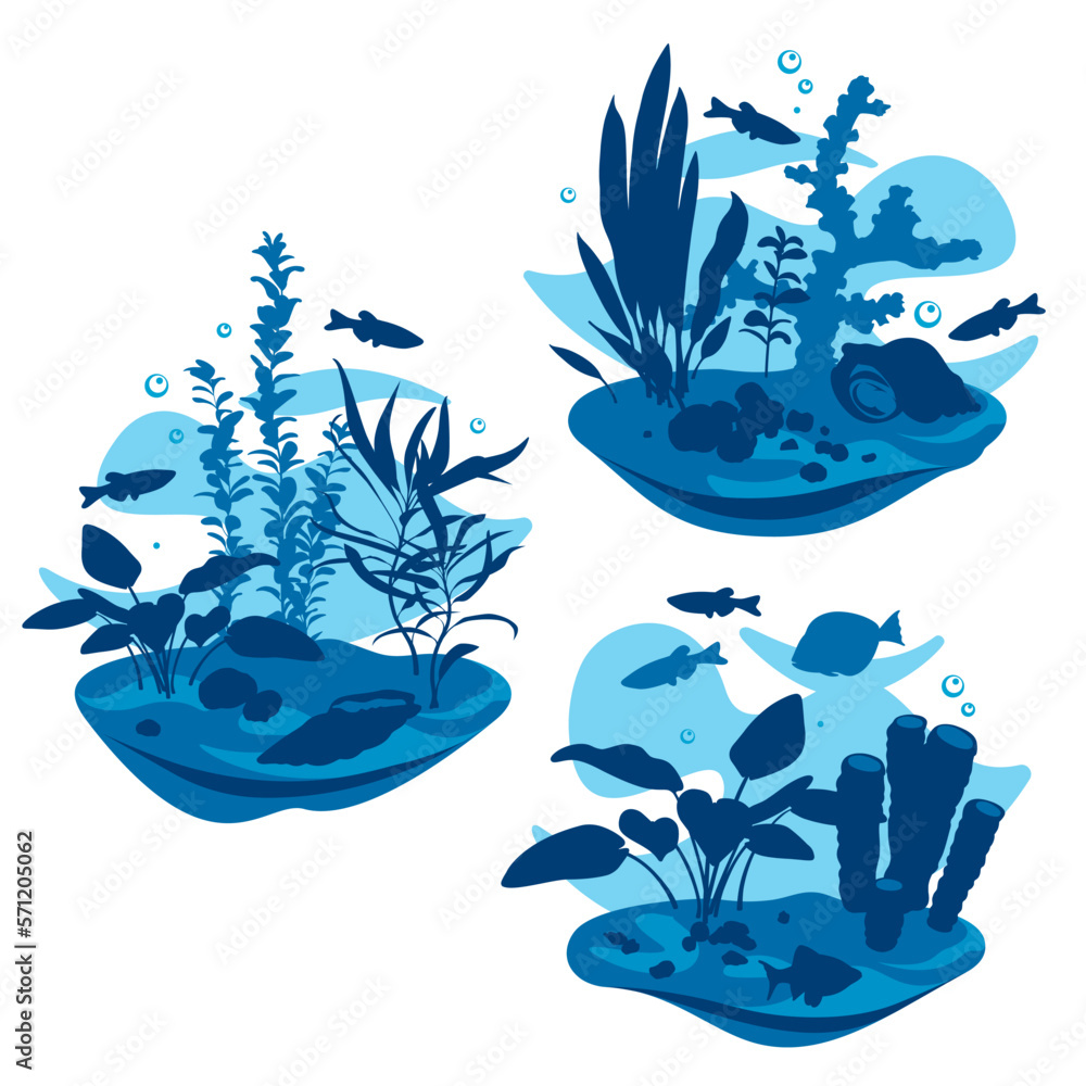 Vector ocean world. Exotic seascapes with seaweeds, fish and corals ...