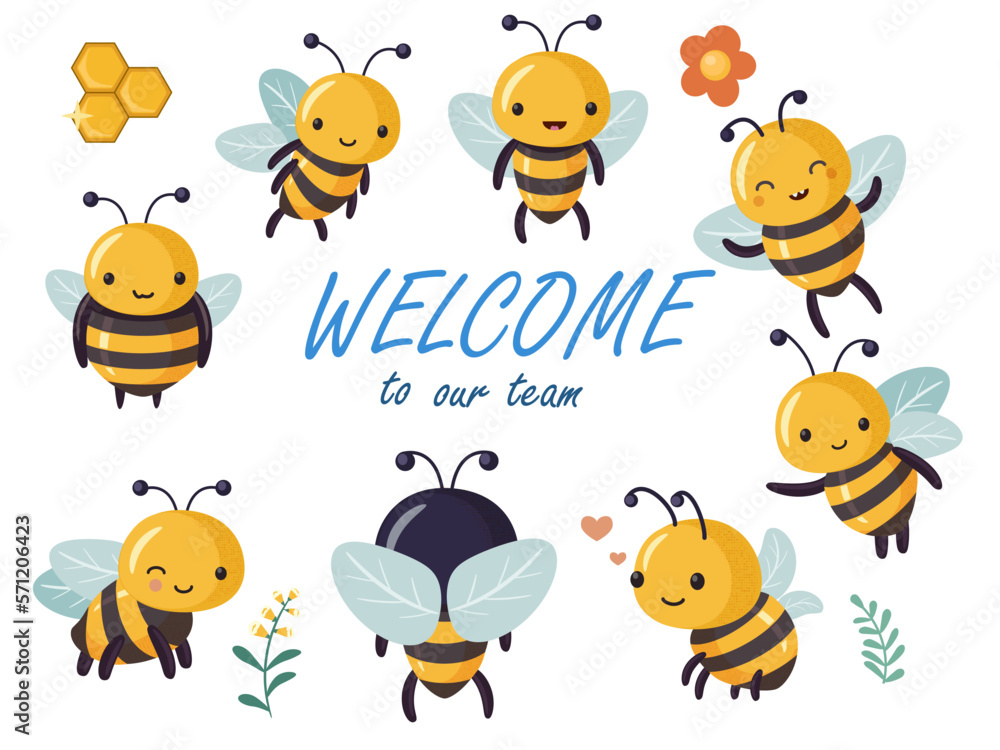 Cute cartoon bees character set symbol of teamwork and friendship ...