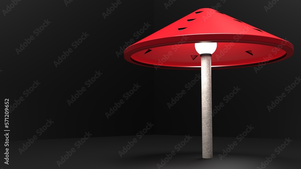 Light under Red canopy. Red object on black background.Conical shape ...