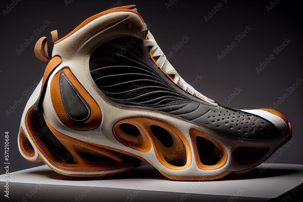 sci-fi futuristic basketball shoe, gold, white & black, made of ...