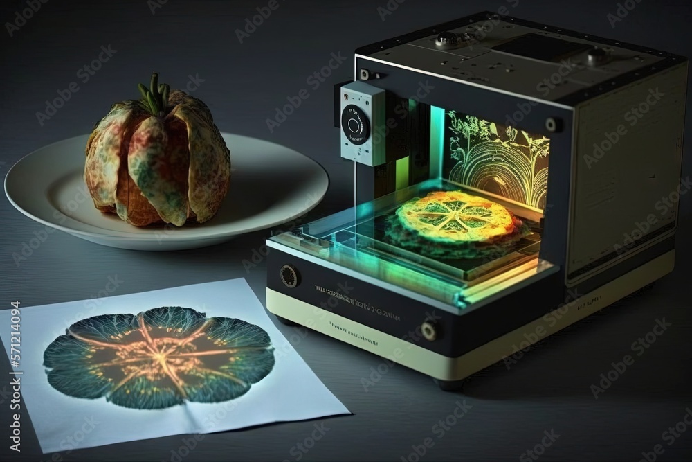 ภาพประกอบสต็อก Holographic 3D Food Printer of the future that can ...