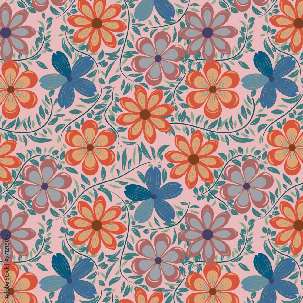 Seamless pattern of beautiful bice blue, jasper, redwood color flowers ...