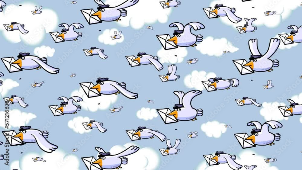 Cartoon carrier pigeon of different size with envelope on clouds ...