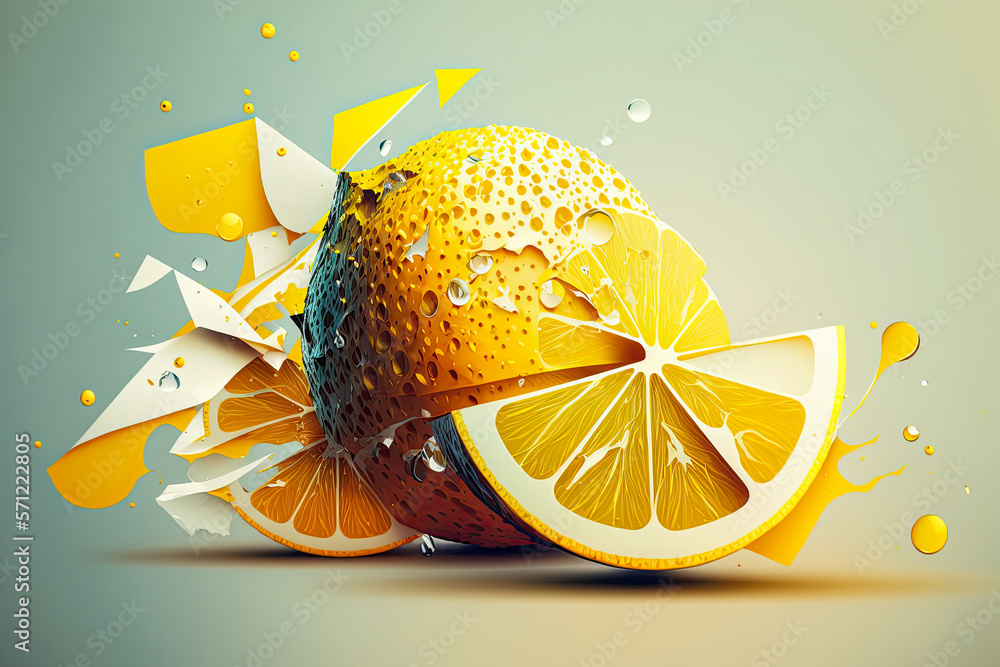 surreal Lemon and lemon slice isolated on a white background, generative ai paint splatter ...