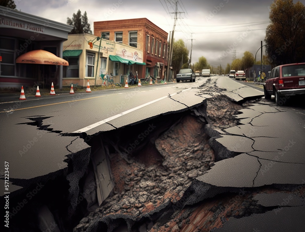 Earthquake cracked road street in city, damaged road surface after ...