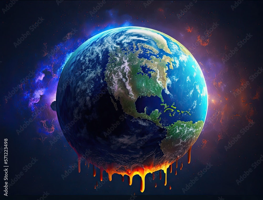 Melting Earth planet in colorful deep space among stars, nebulae and constellations, global ...
