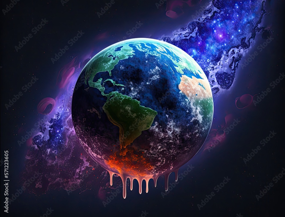 Melting Earth planet in colorful deep space among stars, nebulae and ...