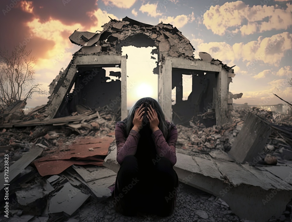 Homeless woman sitting on ruins on her house after earthquake, covered ...