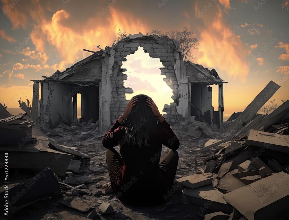 Homeless woman sitting on ruins on her house after earthquake, covered ...