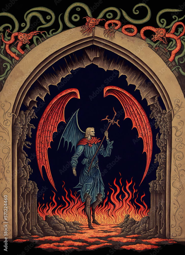 European illuminated manuscript with a winged fallen angel inside an ...