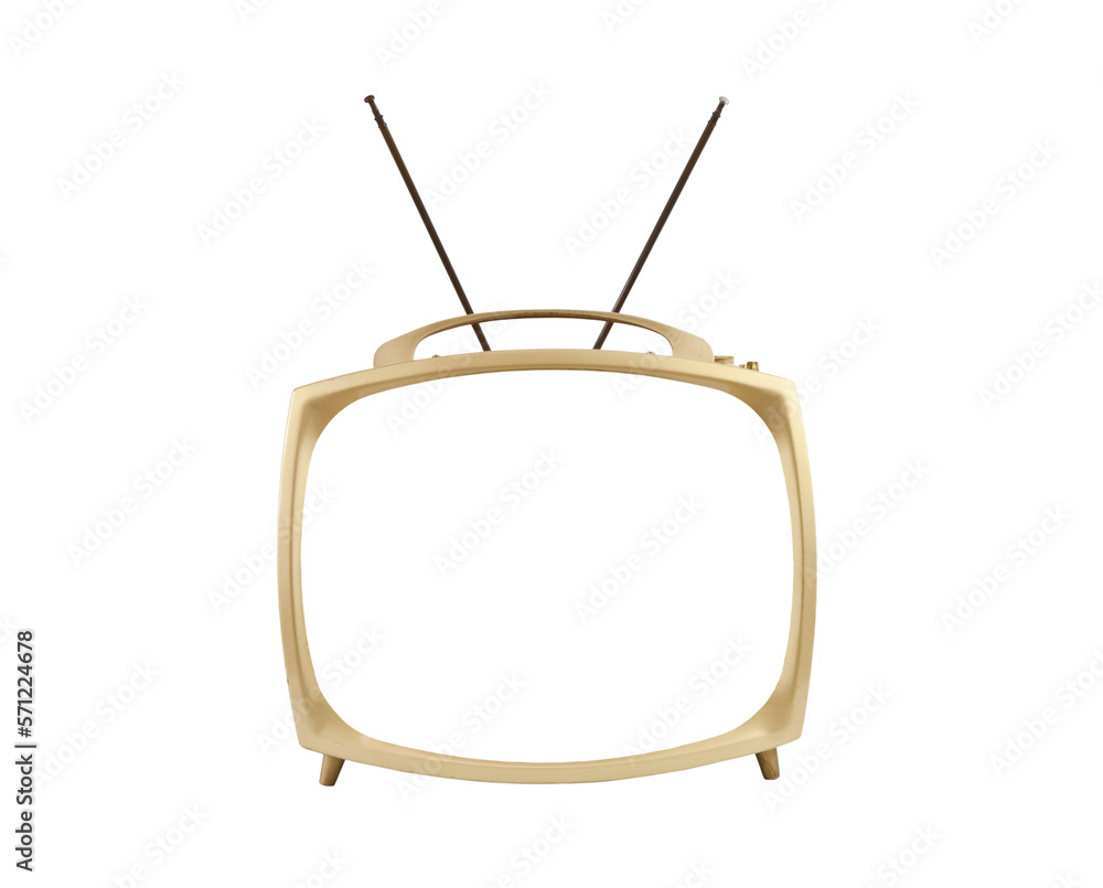 1950's portable television with antennas up. Isolated with cut out ...