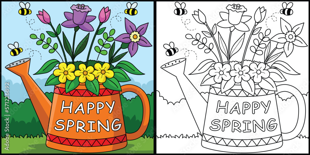 Happy Spring Flower Coloring Page Illustration Stock Vector | Adobe Stock