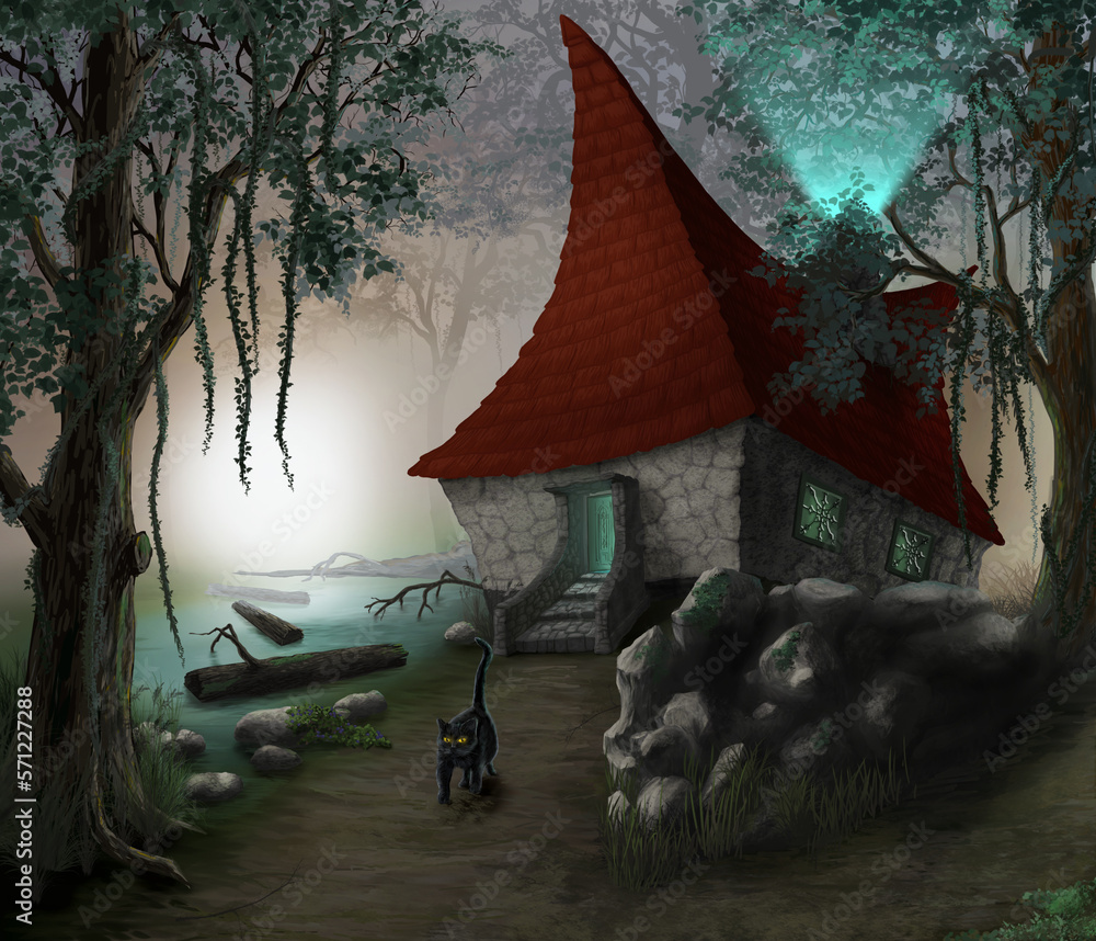 House of witch on swamp in the forest. game location. Detailed ...