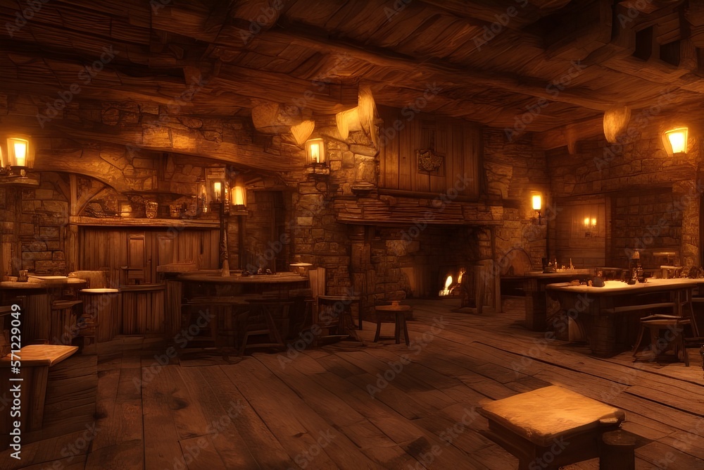 Fantasy medieval tavern background with grand fireplace. 3d rendering ...