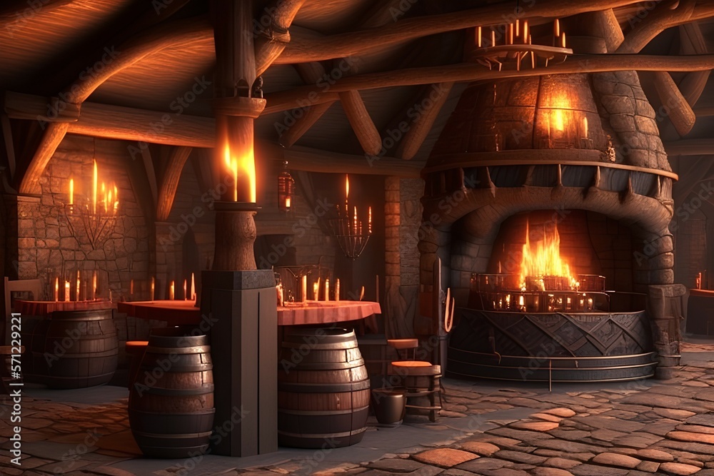 Fantasy medieval tavern background with grand fireplace. 3d rendering ...
