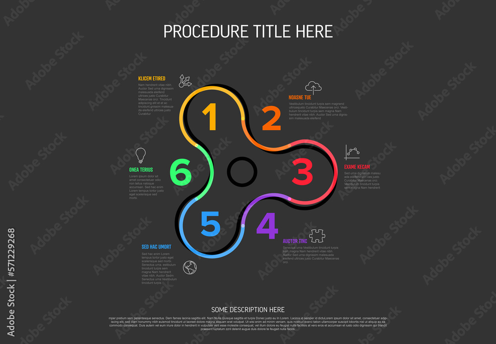 Minimalistic thick line six steps elements in spinner shape template on ...