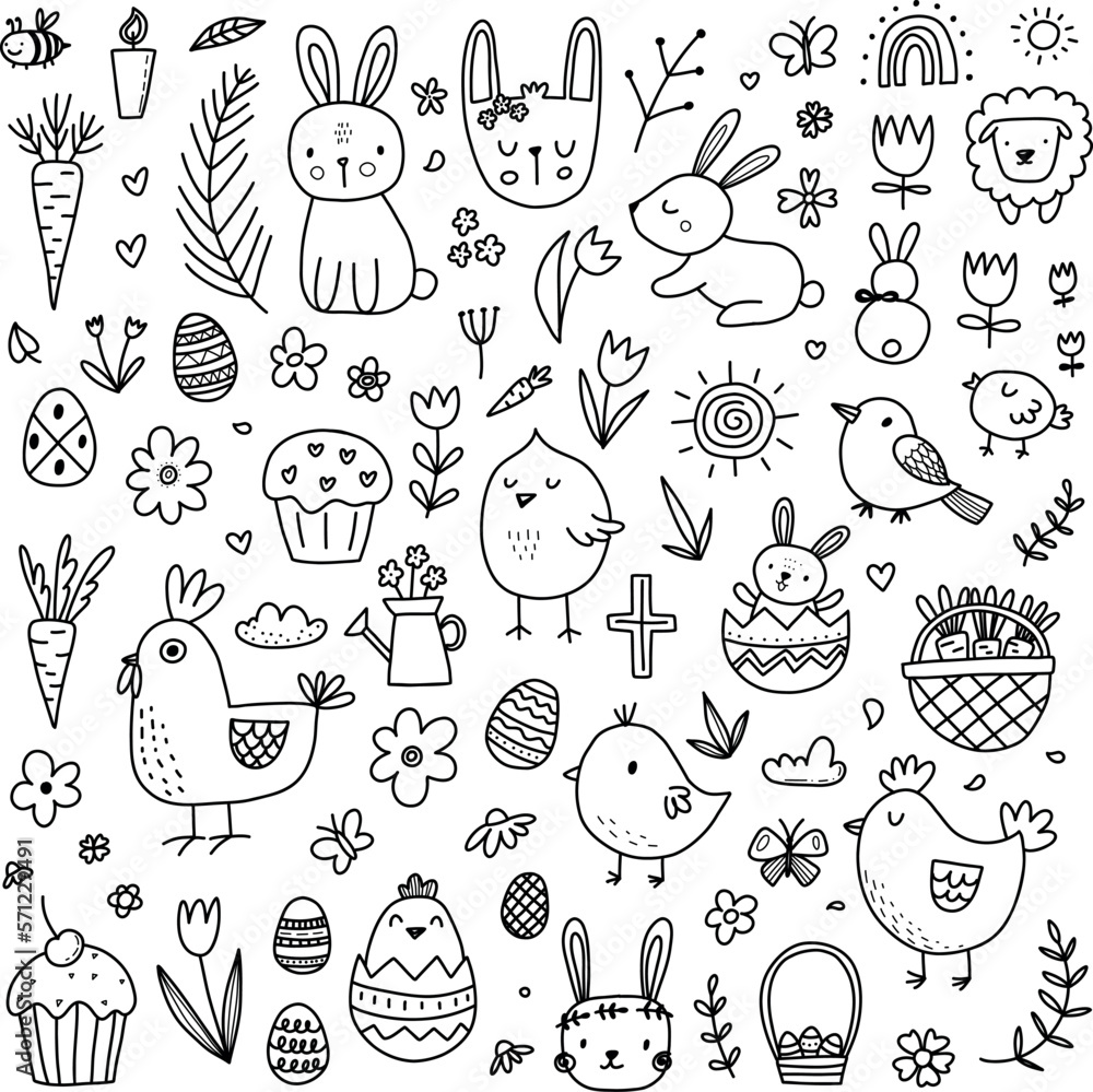 Cute Happy Easter doodle set. Black and white outline vector ...