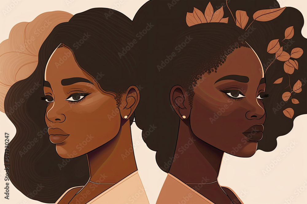 Two beautiful black women stand together. Strong African American girls ...