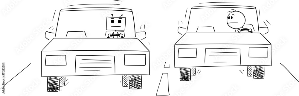 Robot or Ai Driving Autonomous Car , Vector Cartoon Stick Figure ...