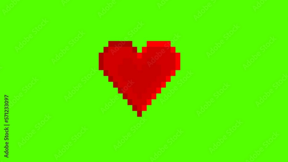 Animation of an 8 bit style heart beating with green background, pixel ...