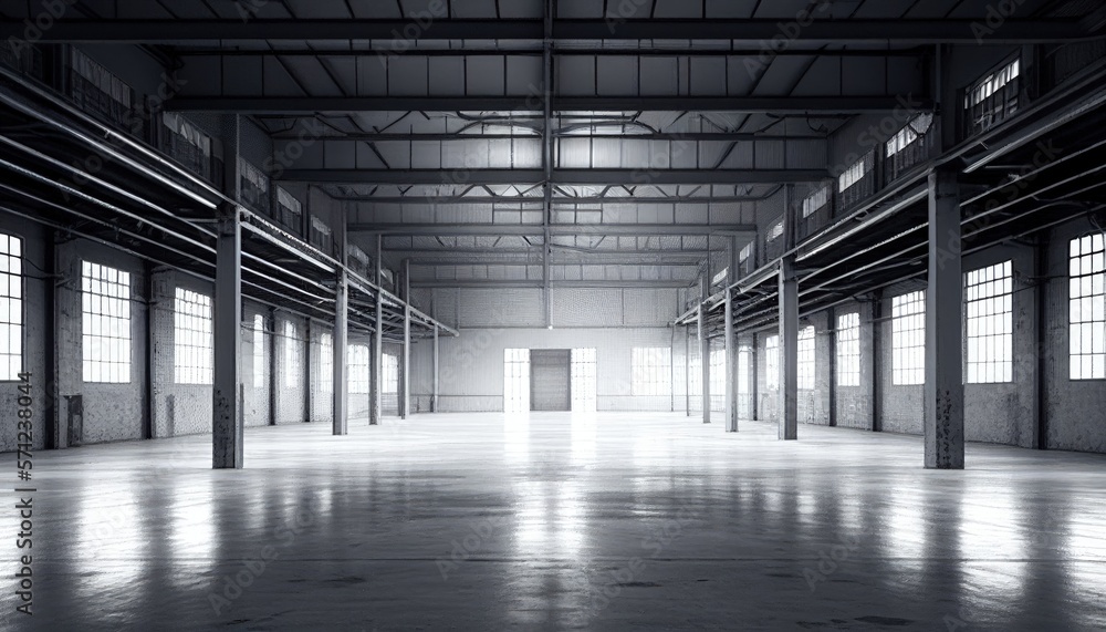Concrete floor inside industrial building. Large factory, warehouse ...