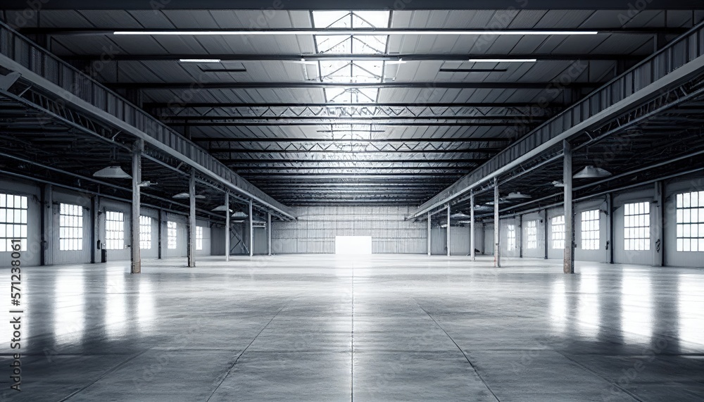 Concrete floor inside industrial building. Large factory, warehouse ...