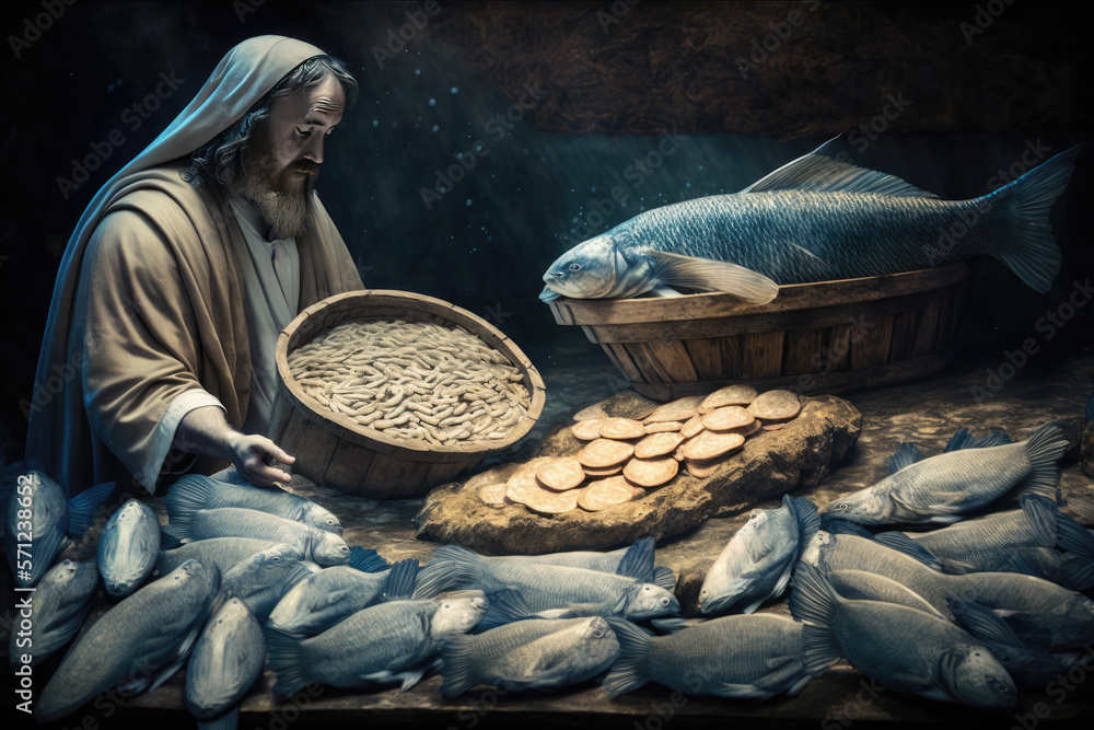 Jesus multiplying loaves and fish, generative Ai picture Stock ...
