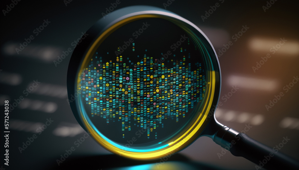digital signs and symbols in a magnifying glass, the concept of searching for information ...