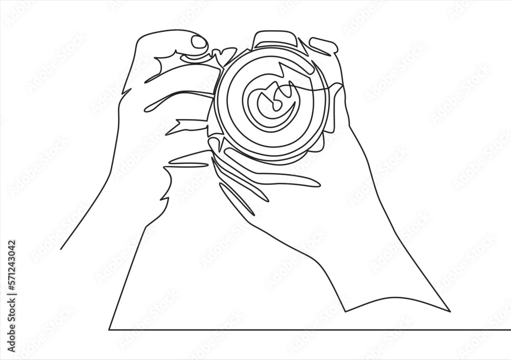 continuous line drawing of hand holding photo camera making pictures ...