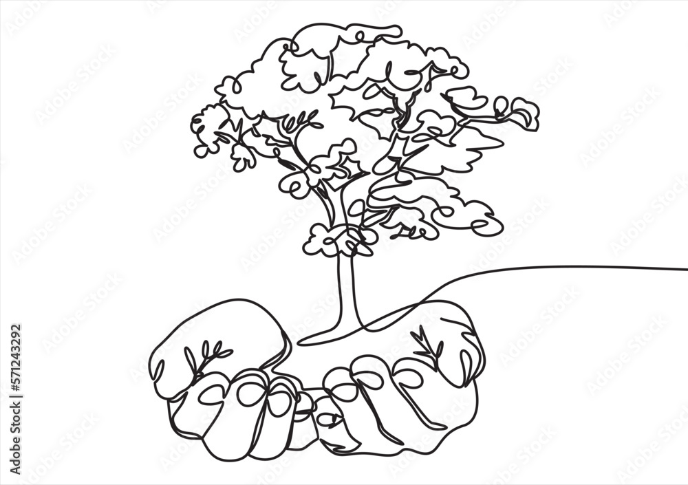 Continuous one line drawing palm hand holding together a green young ...