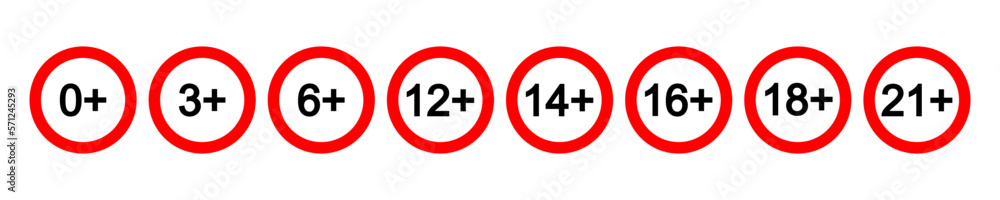 Numbers in circles with plus sign isolated on white background. Age ...
