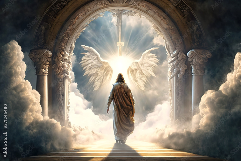 Jesus Entering The Gates Of Heaven - Ai Generative Stock Illustration ... Jesus Entering The Gates Of Heaven - Ai Generative Stock Illustration ...