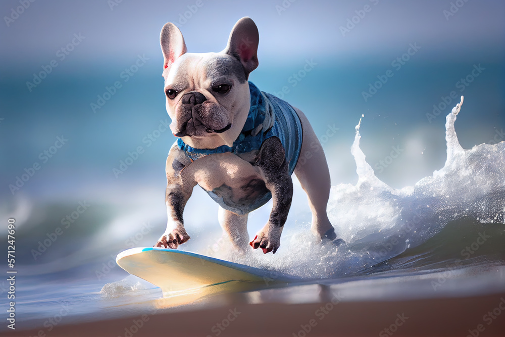 adorable ai generated French bulldog, dressed as a surfer on a surf board Stock Illustration ...