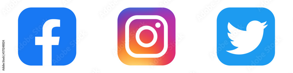 Icon set of facebook twitter and instagram with rounded corners. Social ...