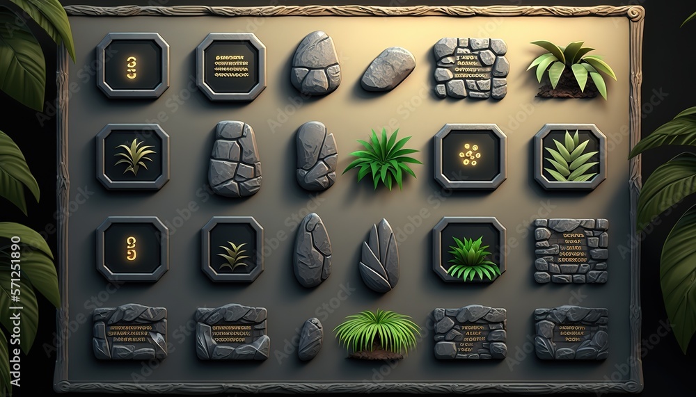 Stone game menu boards with vines. Tablets, ames and arrows made of ...