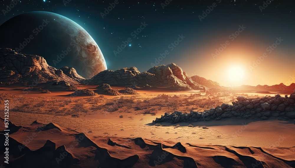 The surface of Mars. Space game background with orange earth, mountains ...