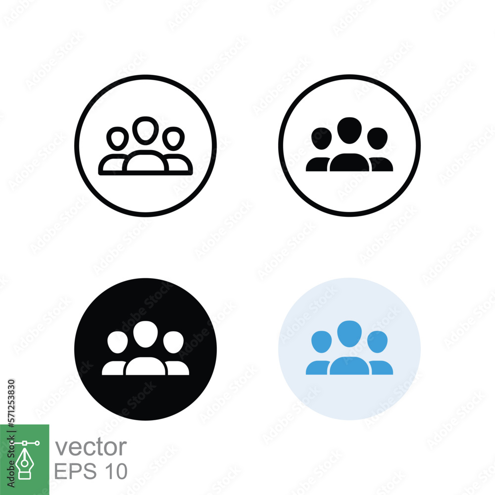 3 people icon in different style. Outline, glyph, solid, and flat style ...