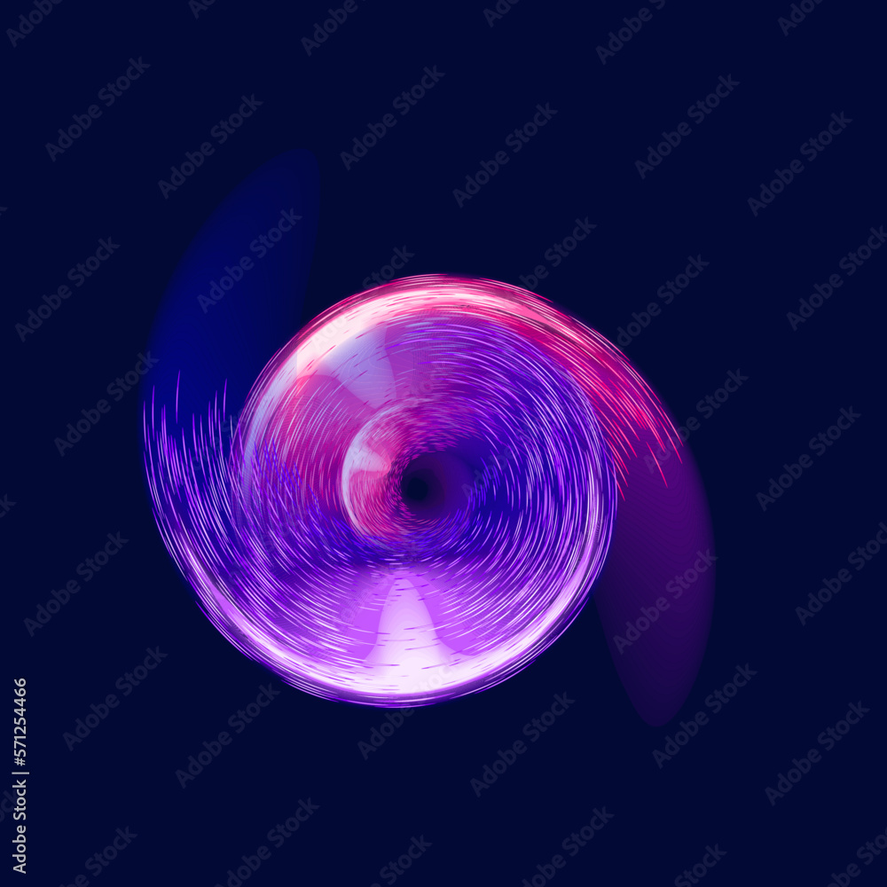 Blue pink disks form a glowing vortex. Bright purple abstract swirl ...