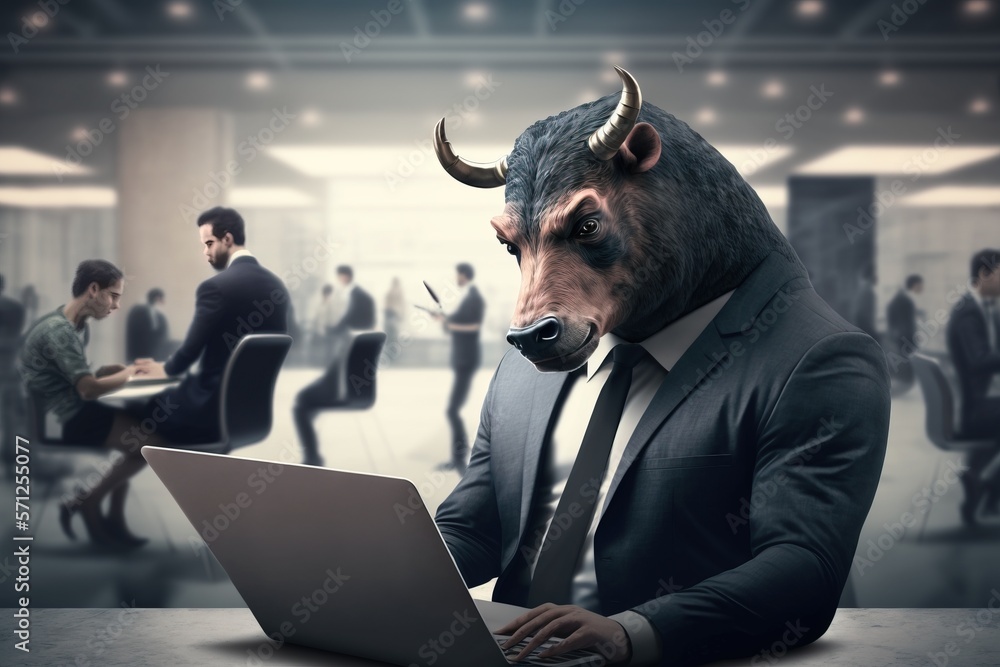 Surreal image of a bull wearing formal suit is working in a corporate ...