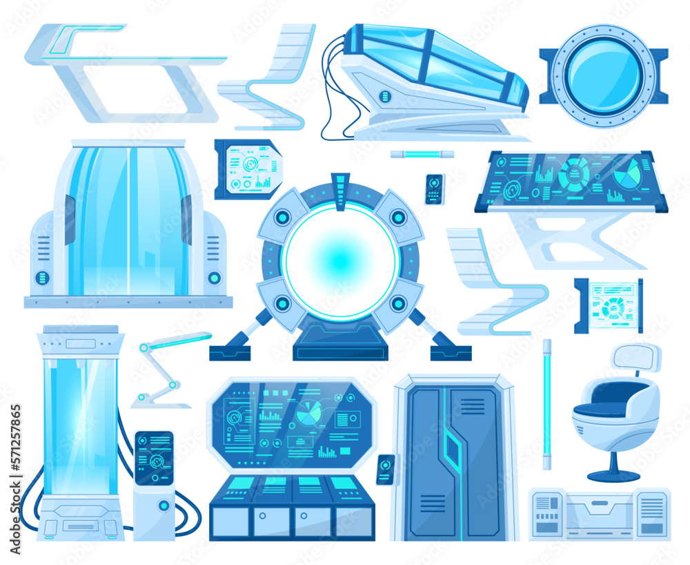 Futuristic spaceship interior elements. Cartoon alien cosmic ship ...