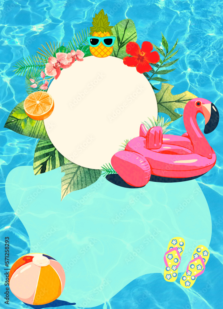 summer poster with beach and pool objects like flamingo float beach ...
