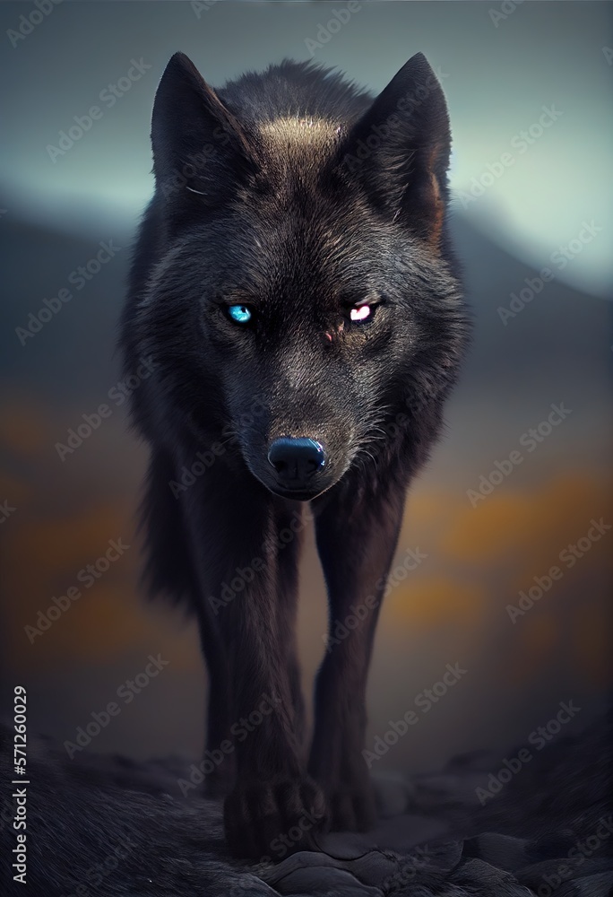 Black angry wolf growls blue eyes fluffy perfect . AI generated art ...