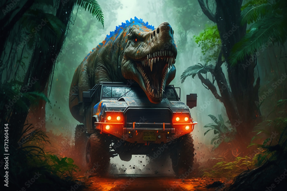 Dinosaur T Rex chases a Jeep car down a road Generative AI Stock ...
