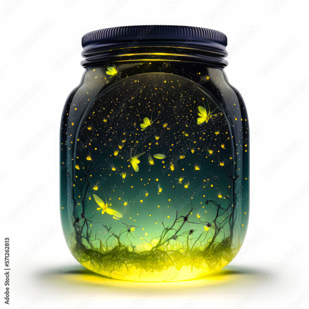 A jar filled with fireflies isolated on white background, illustration - Generative AI Stock ...