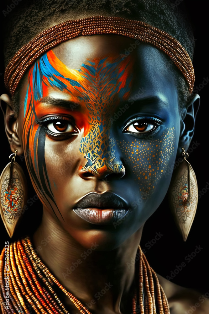 Abstract painting concept. Colorful art portrait of a tribal ethnic ...