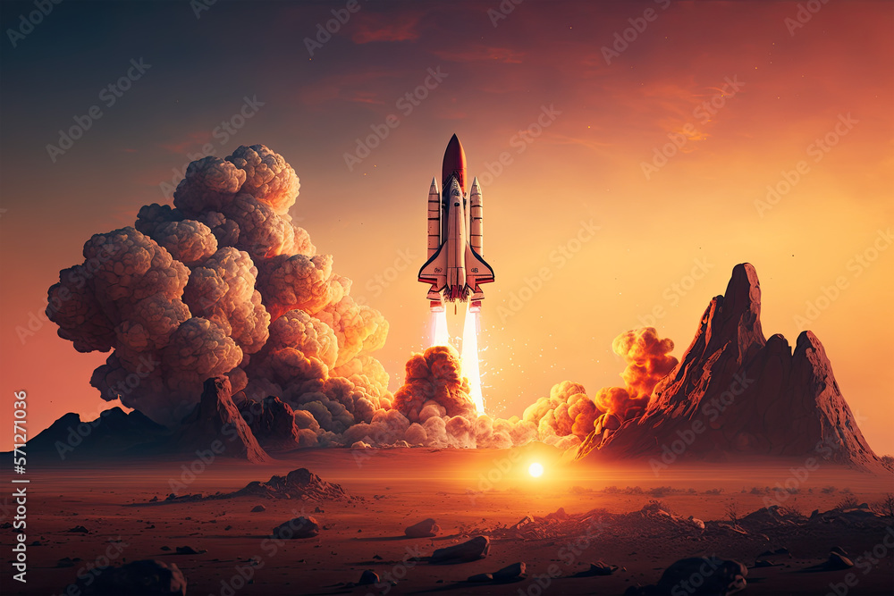 Space shuttle rocket with blast and smoke into space with red planet ...